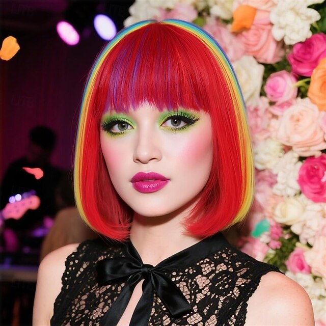 Carnival Wig 2026 Red Blue Orange Straight Bob Short Synthetic Festival ...