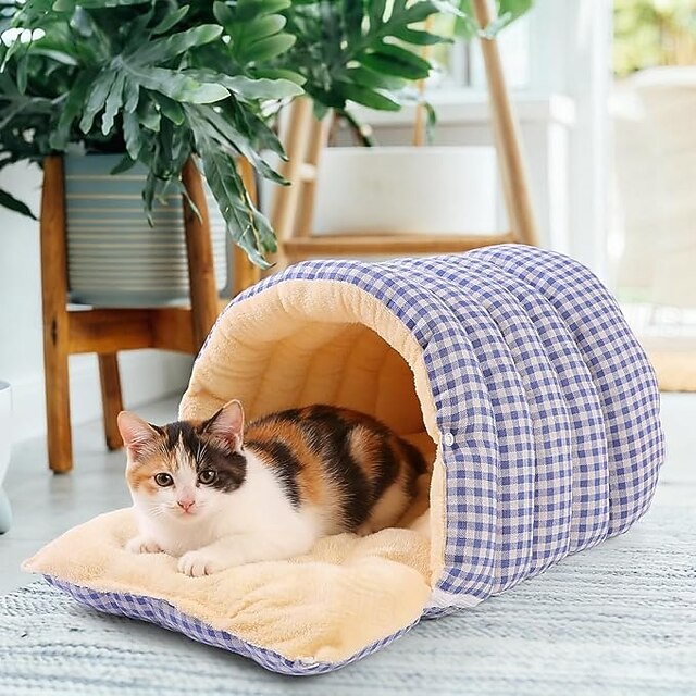 Large Gingham Cat Sleeping Bag Plush Thickened Cat Bed for Indoor Cute ...