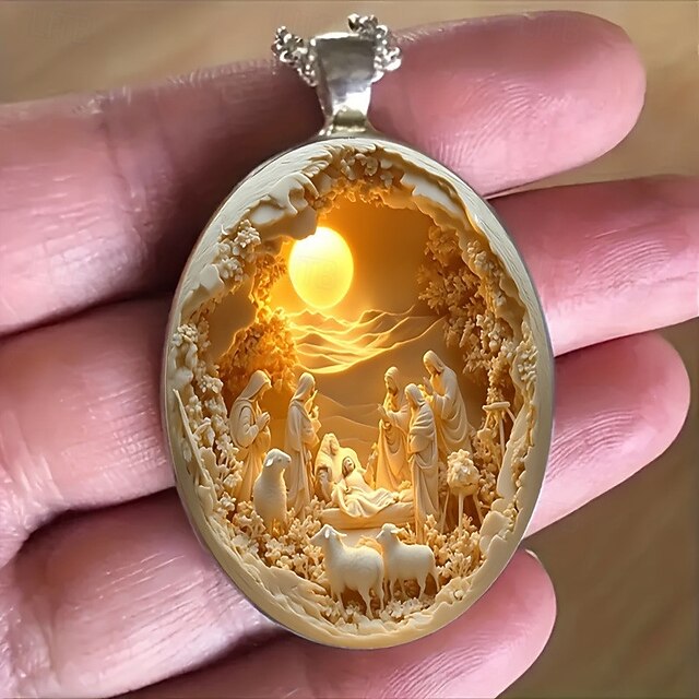 Nativity Necklace Resurrection of Jesus Vintage Glass Oval Pendant ...