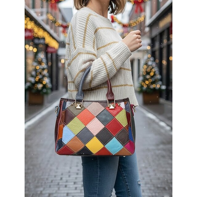 Women's Leather Handbag, Multi-Color Patchwork Design, Genuine Leather ...