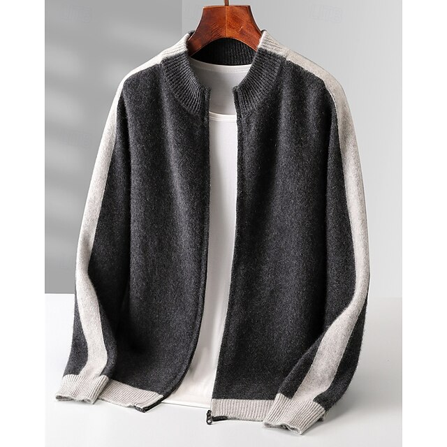 Men's Premium Pure Wool Cashmere Cardigan Sweater Color Block Classic ...