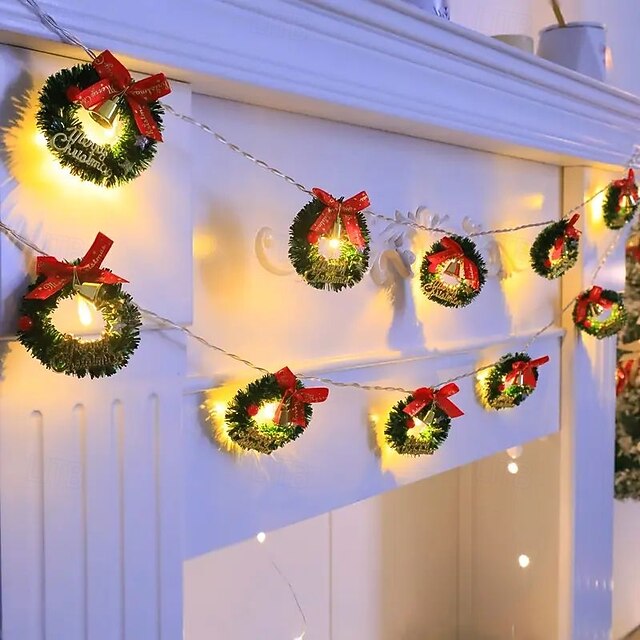 LED Christmas Miniature Floral Wreath String Lights with Red Bows Red ...