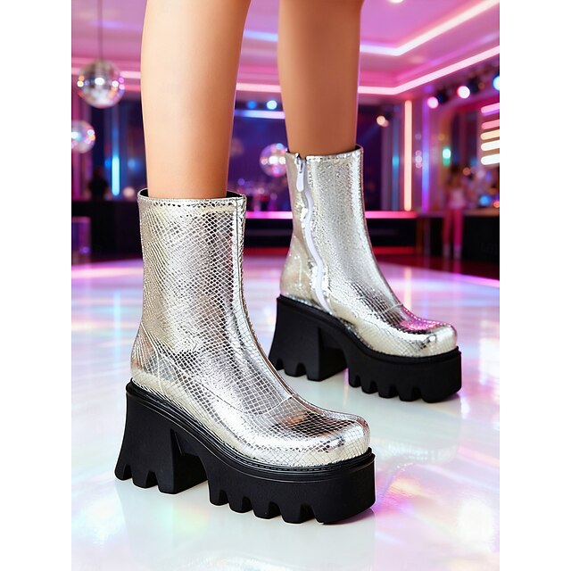 Women's Silver Metallic Platform Boots with Chunky Heels and Zipper ...