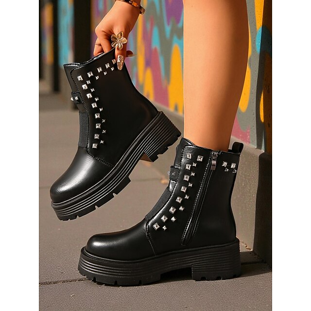 Women's Black Studded Ankle Boots - Chunky Platform Boots with Rocker ...