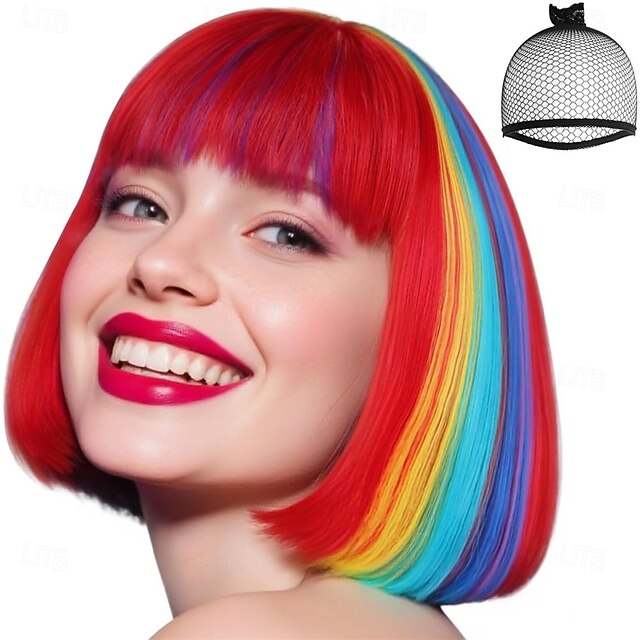 Carnival Wig 2026 Red Blue Orange Straight Bob Short Synthetic Festival ...