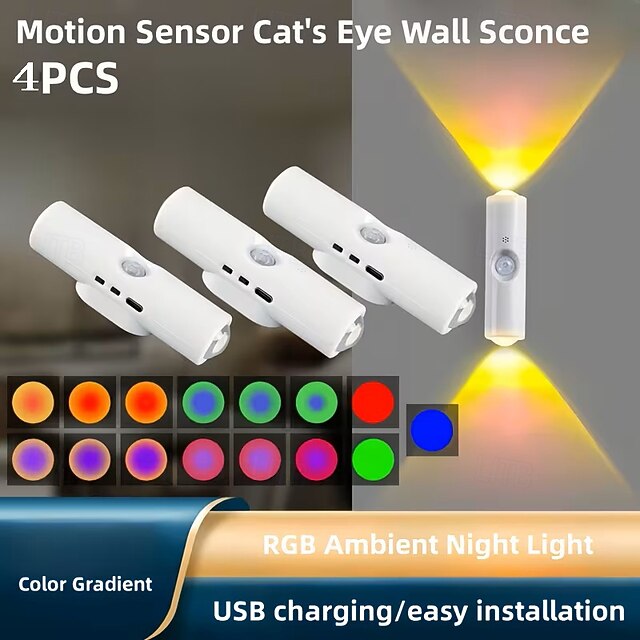 1/4PCS Dual-Head Cat Eye Sensor Night Light USB Rechargeable RGB Wall ...