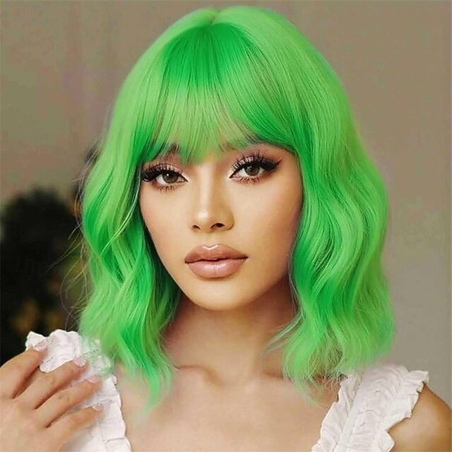 Short Bob Wavy Wig with Bangs for Women Lignt Green Color Wigs for ...