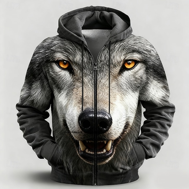 Men's Wolf Hoodie Jacket Sweatshirt Fantasy All Over Print Long Sleeve ...