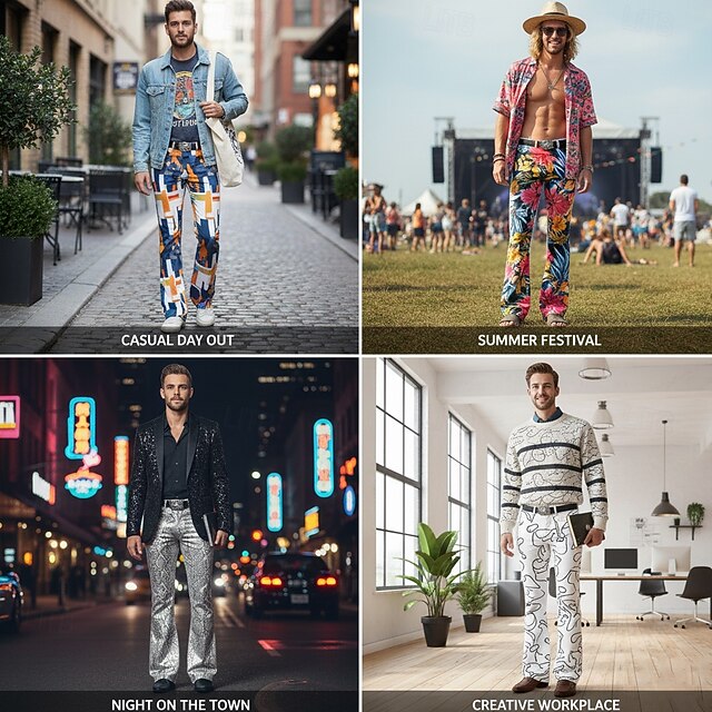 Men's Paisley Floral Print Ethnic Trousers Disco Pants 60s 70s Bell ...