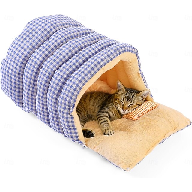 Large Gingham Cat Sleeping Bag Plush Thickened Cat Bed for Indoor Cute ...