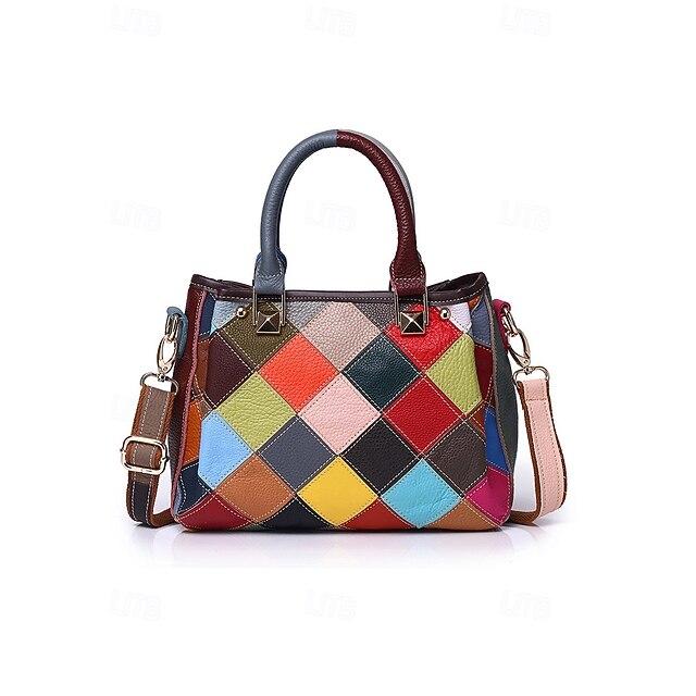 Women's Leather Handbag, Multi-Color Patchwork Design, Genuine Leather ...