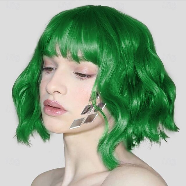 Green Wavy Bob Wig with Air Bangs - Heat Resistant St. Patrick's Day ...
