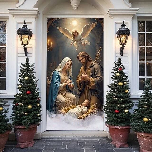 Décoration de porte de Noël avec crèche, rideau suspendu pour la ...
