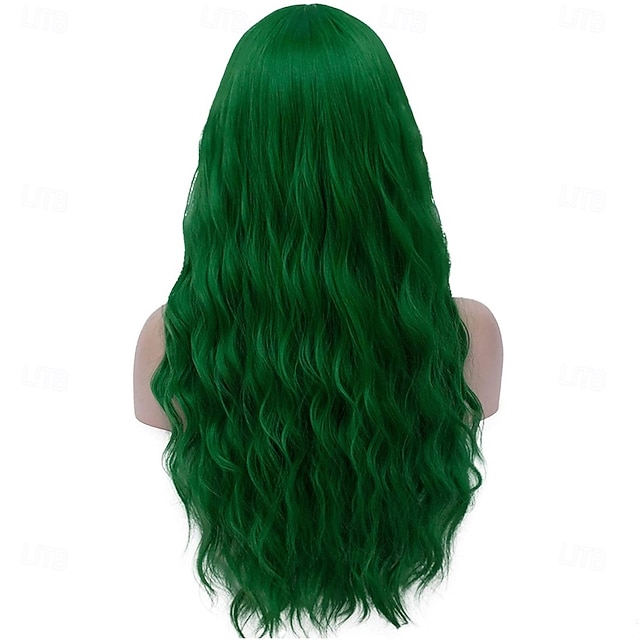 Green Wigs Womens Long Curly Wavy Green Wig with Bangs Synthetid Heat ...