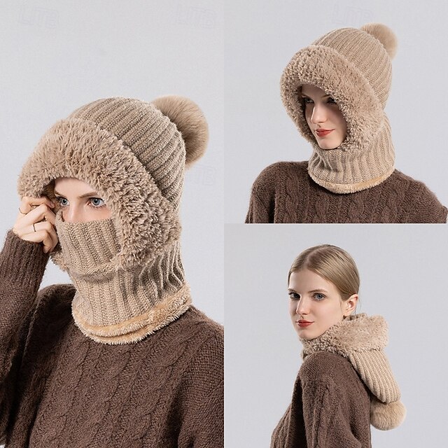 Knitted Thickened with Fleece Scarf Mask Warm Hat 3 in 1 Beanie Hat ...