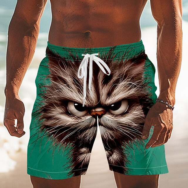 Men's Animal Angry Face Puffy Cat Swim Trunks Swim Shorts Board Shorts ...