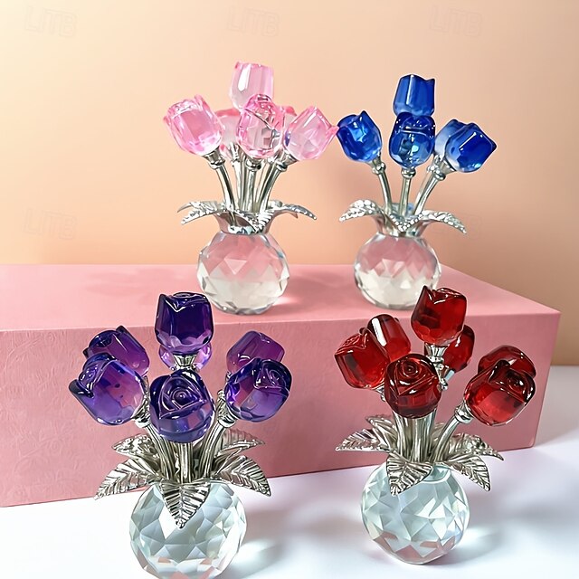 Exquisite Crystal Glass Rose Sculptures - Elegant Red, Blue & Pink ...