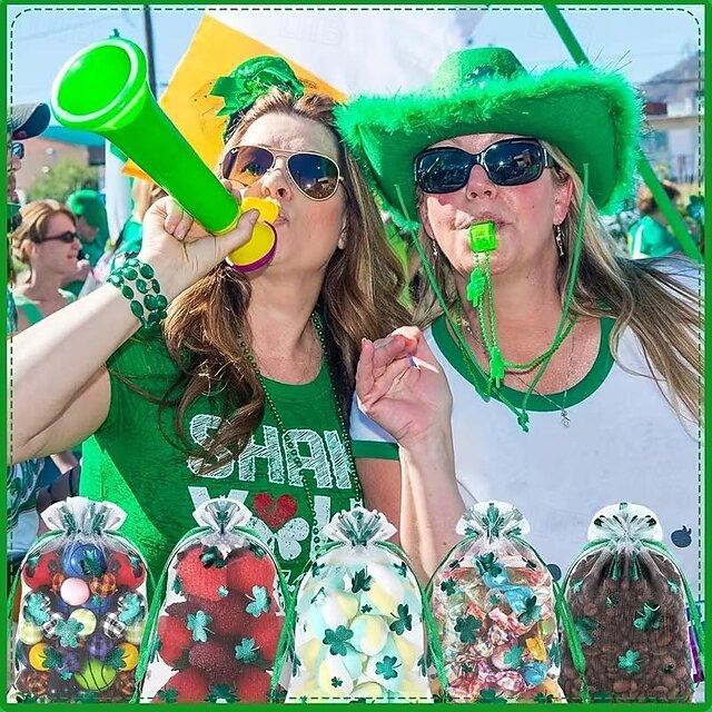 50PCS St. Patrick's Day Gift Bags, Green Leaf & Shamrock Organza Bags ...