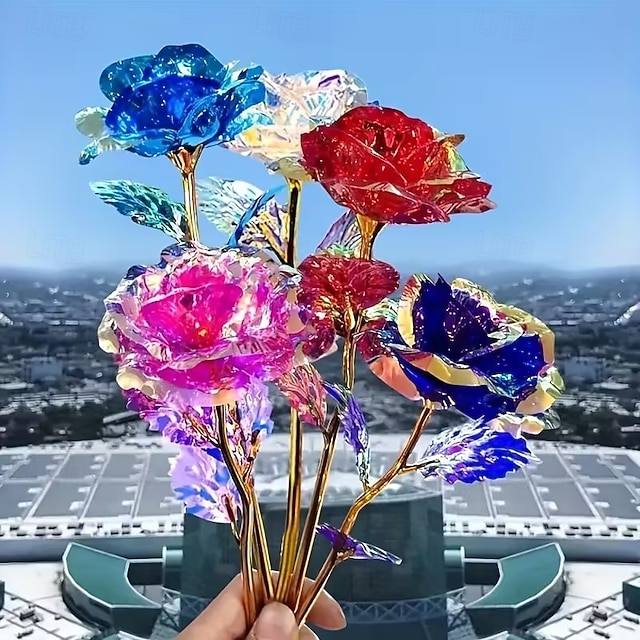8 Pack Crystal Rainbow Roses, Eternal Multicolor Gold Plastic Roses ...