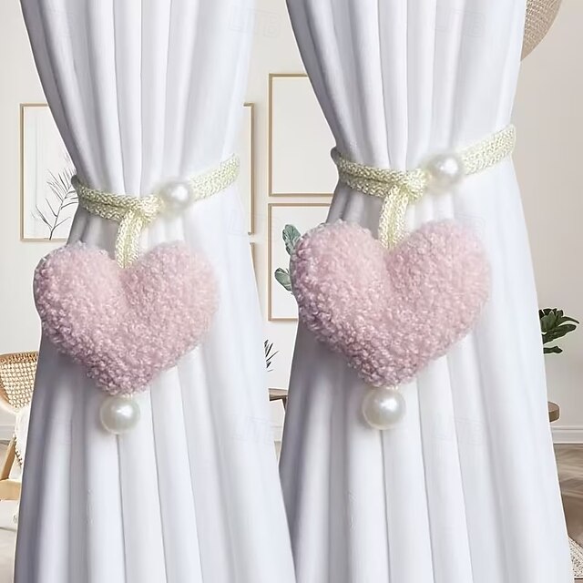 1/2PCS 3D Plush Heart-Shaped Beaded Curtain Tieback Decoration Mosquito ...