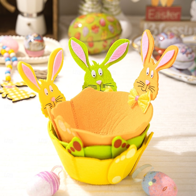 3 Pack Easter Bunny Ear Felt Storage Baskets, Cartoon Bunny Round Candy ...