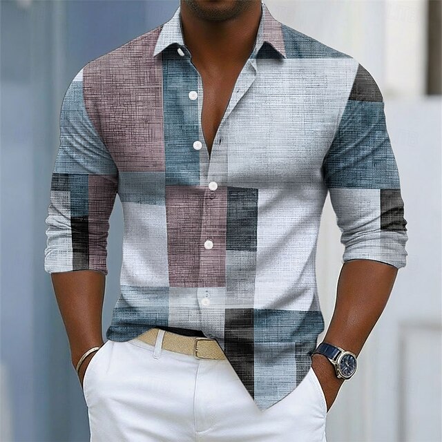 Hombre Geométrico Bloque de color Retazos Camisa Abotonar la camisa ...