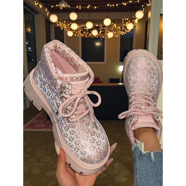 Women's Glitter Lace-Up Ankle Boots - Sparkly Rhinestone Chunky ...