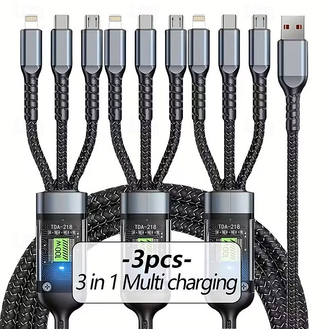 3-Pack Universal Fast Charging Cable, QC3.0 Nylon Braided Multi ...