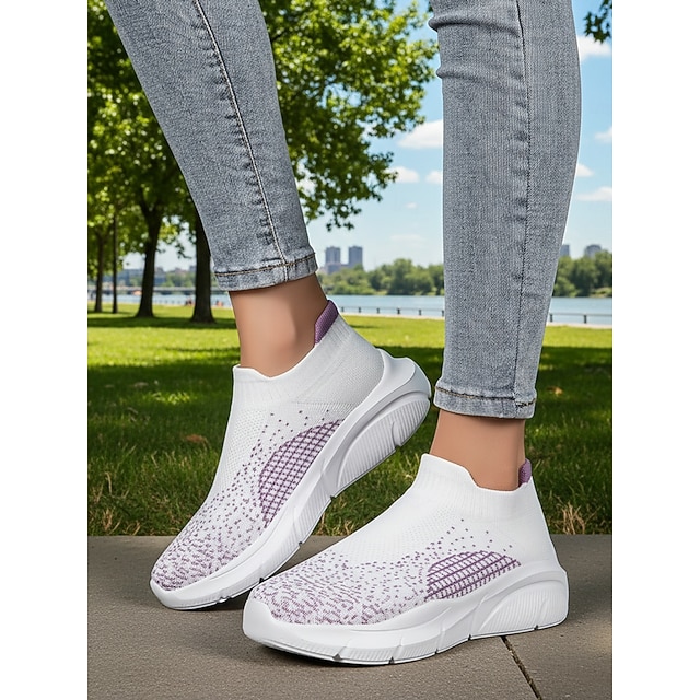 Women's White/Purple Slip-On Flyknit Walking Sneakers with Cushioned ...
