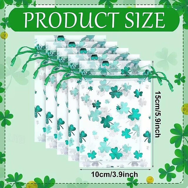 50PCS St. Patrick's Day Gift Bags, Green Leaf & Shamrock Organza Bags ...