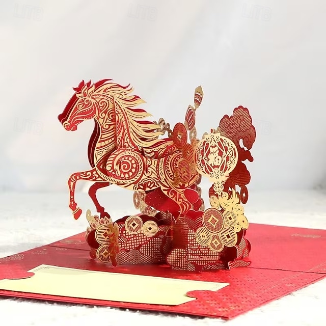 2026 Year of the Horse Chinese New Year Greeting Card – 3D Pop-Up Gold ...