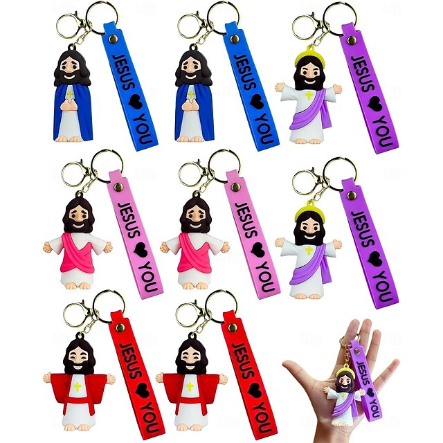 8PCS Jesus Loves You Figures Keychain Easter Gift Christian Jesus Key ...