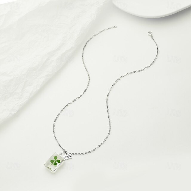 Irish Luck Four-Leaf Clover Square Pendant Necklace Dried Flower Glass ...