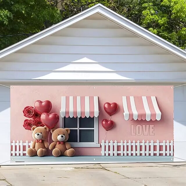 Valentine's Day Pink Garage Door Cover, 2D Flat Print Cute Bear with ...