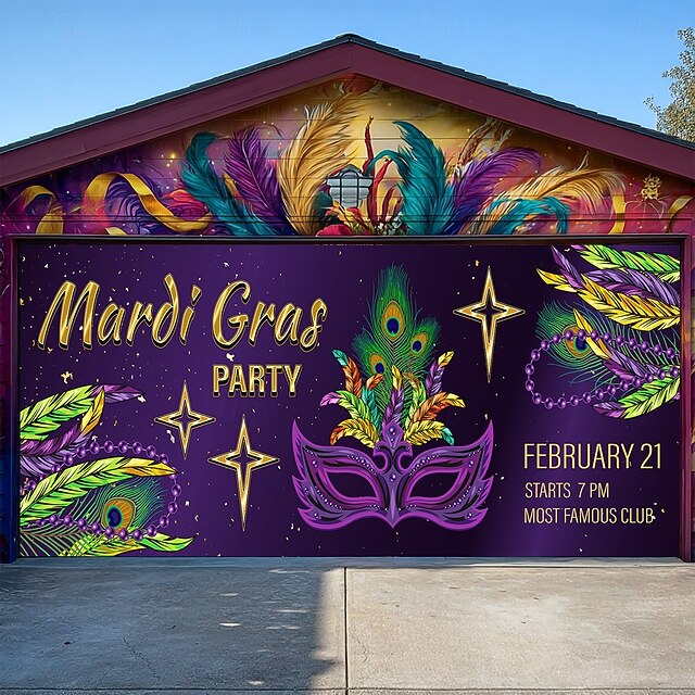 Mardi Gras Garage Door Cover Large Hanging Backdrop Mask Feather Luxury ...