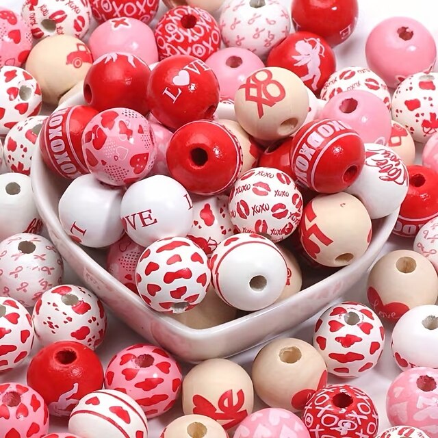 50PCS Valentine’s Day Wooden Beads, Jewelry Making Supplies for DIY ...