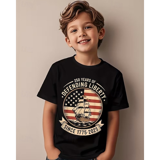 100% Cotton Kids Boys' Black White Boat USA Flag 250th Anniversary T ...