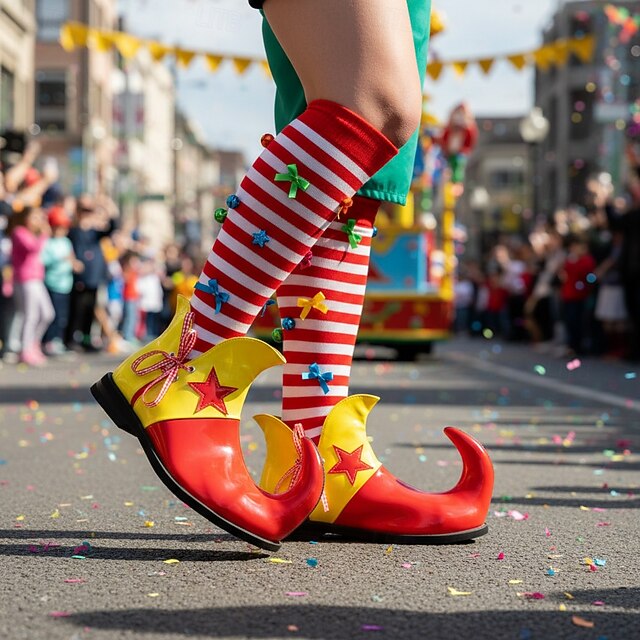 Men's Mardi Gras Striped Clown Shoes, Red & Yellow, Pointed Toe with ...