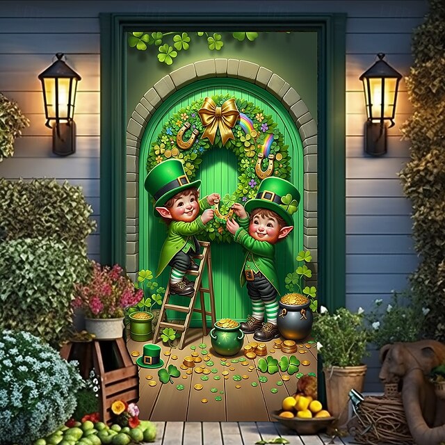 St Patrick's Day Green Shamrock Door Curtain, Leprechaun & Gold Design ...