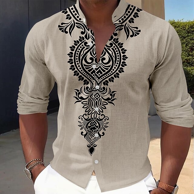 Men's Paisley Floral Print Ethnic Shirt Button Up Shirt Stand Collar ...