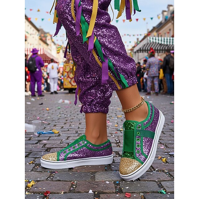 Women's Mardi Gras Purple Glitter Slip-on Sneakers – Sequin Rave Shoes ...