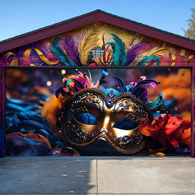 Mardi Gras Garage Door Cover Large Hanging Backdrop Mask Feather Luxury ...