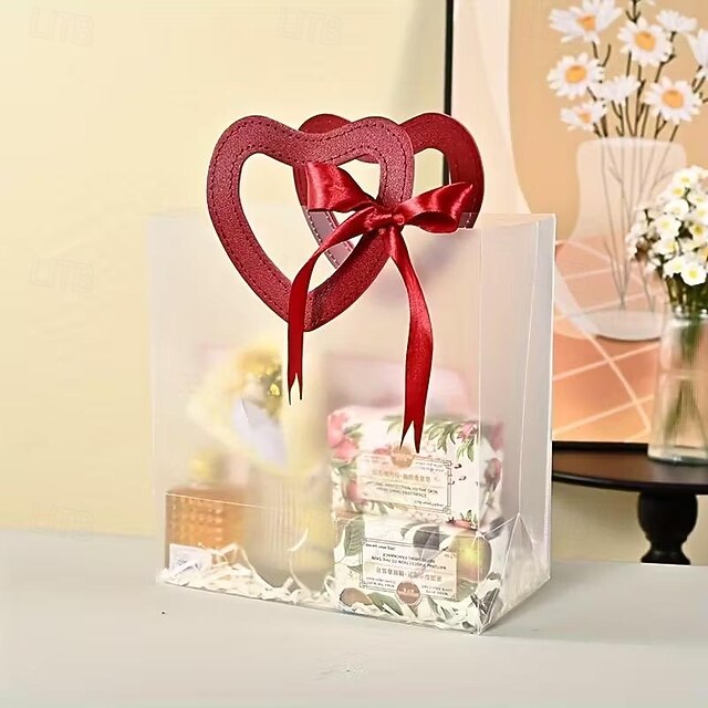 5 Pack Valentine's Day Heart Gift Bags, Transparent Frosted Handheld ...
