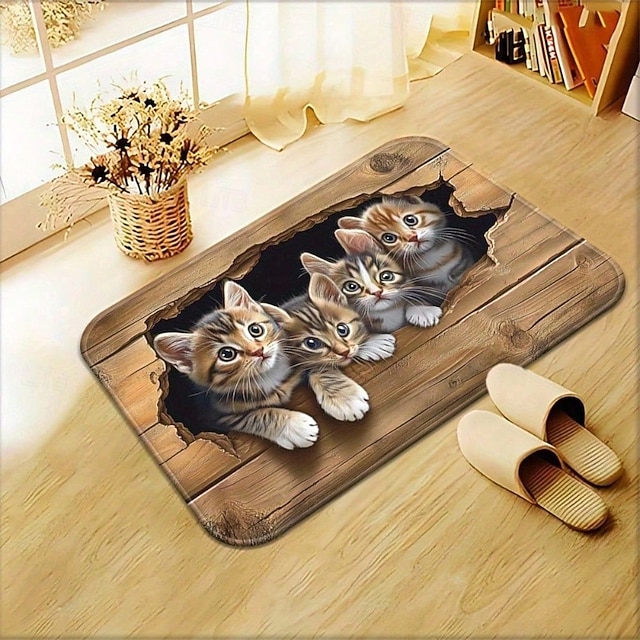 Doormat with 2D Flat Print, 3D Optical Illusion Kittens Peeking Through ...
