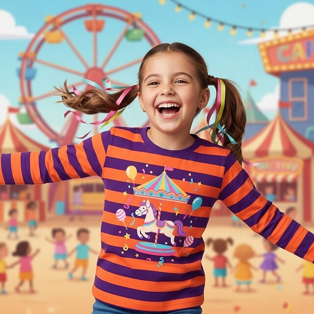 Carnival Costume 2026 Girls' 3D Graphic Striped T shirt Tee Long Sleeve ...