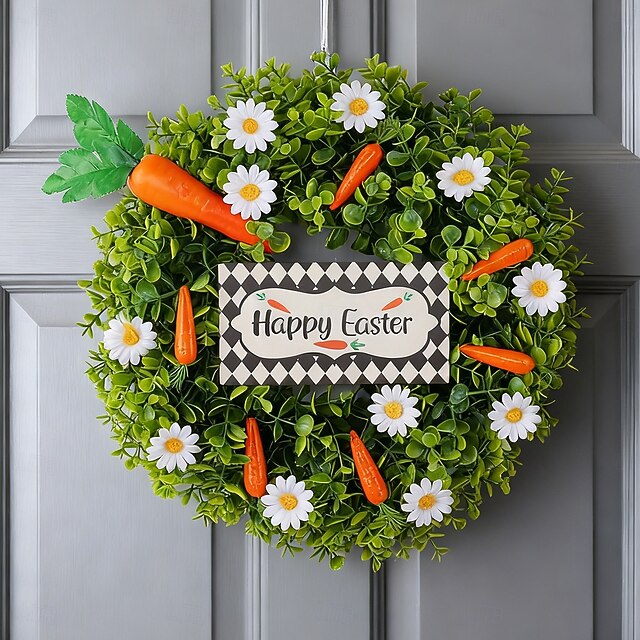 Easter Wreath with Daisies and Carrots, "Happy Easter" Wooden Sign ...