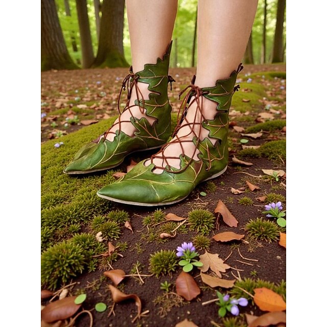 Women's Elf Leaf Boots, Green Lace-Up Fantasy Costume Shoes with ...