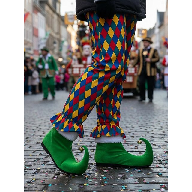 Women's Mardi Gras Green Velvet Curled Toe Elf Boots with Jingle Bells ...