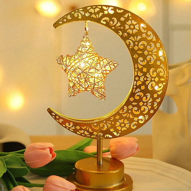 Ramadan Metal Star and Moon Night Light, Decorative Iron Lantern Table ...