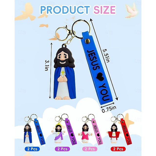 8PCS Jesus Loves You Figures Keychain Easter Gift Christian Jesus Key ...